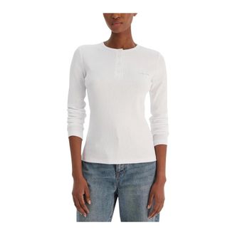Calvin Klein Jeans Femme, Pulls, Blanc, Taille: 38 FR Round Neck Long Sleeve Buttoned Tricots