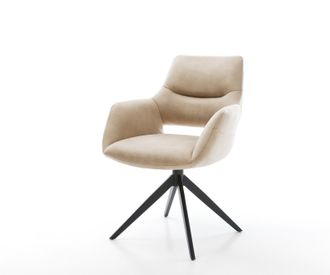 DELIFE Drehstuhl Yago-Flex mit Armlehnen Mikrofaser Beige Vintage Kreuzgestell breit Schwarz 360&deg; drehbar Wippfunktion Taschenfederkern, Esszimmerst&uuml;hle