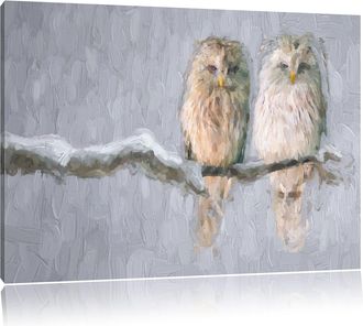 Pixxprint Zwei Eulen in Winterlandschaft Kunst Pinsel Effekt, Größe: 120x80cm, Leinwandbild, fertig gespannt, Wandbild, Dekoration, Kunstdruck, kein Poster
