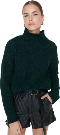 Trendyol Damen Pullover Mit Stehkragen Und Zopfmuster Sweatshirt, Grün, M EU