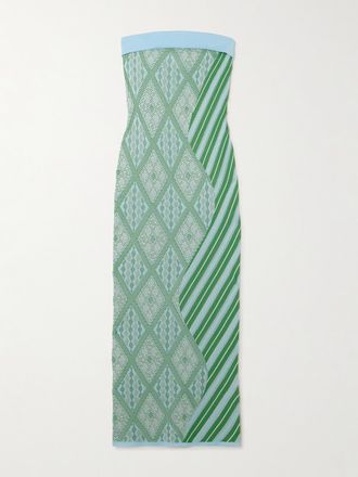 Ahluwalia Studio Jade Tr&auml;gerloses Maxikleid Aus Jacquard-strick In Patchwork-optik - Blau