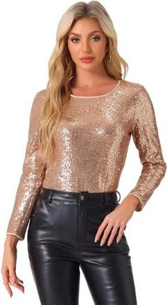 Allegra K Haut à Paillettes pour Femme Col Rond Manches Longues Chemisier de Fête Tops Sequins Or L