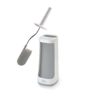 Joseph Joseph Flex Plus - Hygienische Silikon-Toilettenbürste mit Aufbewahrungsbehälter, Anti-Tropf, Anti-Verstopfungs-Kopf - Weiß/Grau, 14,9 x 13 x 45,7 cm