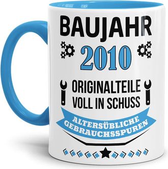 Tassendruck Geburtstags-Tasse Baujahr 2010 Innen & Henkel Hellblau/Kaffee-Tasse/Mug/Cup/Becher/Lustig/Witzig/Fun/Geschenk-Idee/Geburts-Jahr/Scherz-Artikel/Geburts