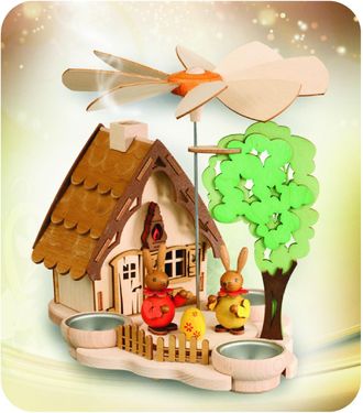 Rudolphs Schatzkiste Pyramide R&auml;ucherhaus mit Wechselbest&uuml;ckung f&uuml;r 3 Teelichter BxHxT 29x23x19cm NEU Hase H&auml;sin Osterdeko Osterhasenfigur Ostern Korb Osterei Fr&uuml;hling Erz