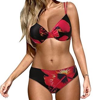 Generic Maillot de bain 2 pi&egrave;ces push-up pour femme dos nu taille haute col en V maillot de bain de vacances basique bas de bikini piscine, Rouge, XXL