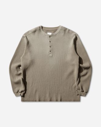 Roa Men s Bee Sun Faded Organic Waffle Serafino Long Sleeve Top Grey / Green