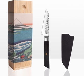 Kotai Bunka Spickmesser mit Bambus-Saya und Bambusbox | 9-cm-Klinge | von Hand gehämmert und geschärft | japanischer ultrascharfer 440C-Edelstahl