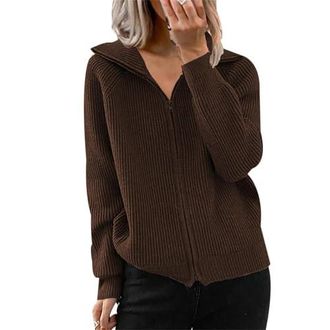 Generic Cardigan &agrave; fermeture &eacute;clair pour femme - Style d&eacute;contract&eacute; - Couleur unie - Manches longues - Pull tricot&eacute; tendance pour lautomne, marron, 3XL