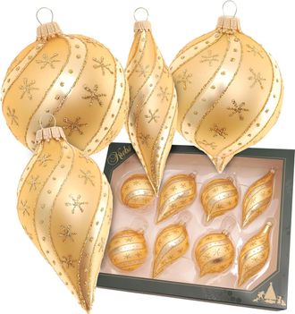 Krebs Glas Lauscha Weihnachtsdekoration/Christbaumschmuck aus Glas - Kugeln und Tropfen Satin Formenset mit Streifen & Sterne - Farbe: Gold - Gr&ouml;&szlig;e: ca. 7-10 cm