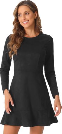 Allegra K Damen Winterkleid Langarm L&auml;ssig R&uuml;schensaum Rei&szlig;verschluss Wildlederimitat Minikleid Kleid Schwarz S