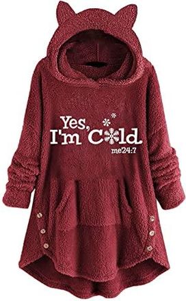 Generic Plaids Manches Sweat &agrave; Capuche en Polaire pour Femme &agrave; Manches Longues Yes Im Cold Letter Print Loose Pocket Hoodie (Wine, M)