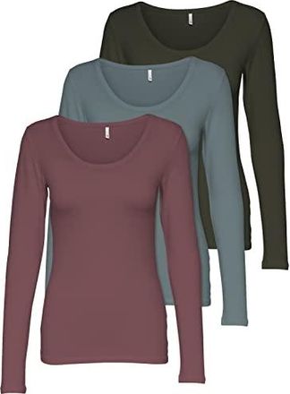 Only Lot de 3 t-shirts basiques à manches longues dété pour femme, noir et blanc, 95 % coton, tailles XS, S, M, L, XL, 15209156, XL