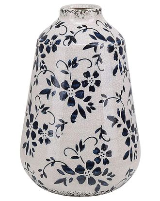 Beliani Blumenvase aus Steinzeug wei&szlig; 20 cm mit blauem Blumenmotiv wasserdicht Maroneia