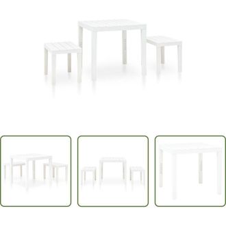 vidaXL Gartentisch - Gartentisch mit 2 B&auml;nken Kunststoff Wei&szlig;