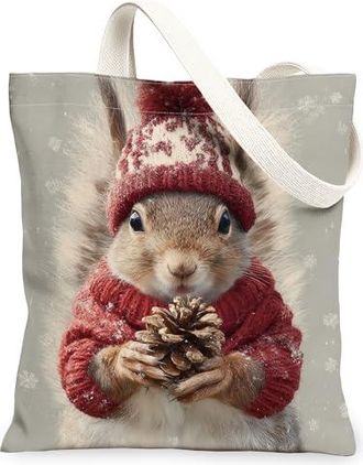 Generic Sacs fourre-tout en toile d&eacute;cureuil dhiver, motif animal adorable, sacs d&eacute;picerie r&eacute;utilisables, confortables, l&eacute;gers et lavables avec bandouli&egrave;re pou