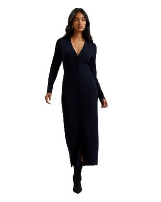 Ted Baker Damen WMK-ELMHAA-Ribbed Knitted V Neck Maxi Cardigan Strickjacke, Navy, 36