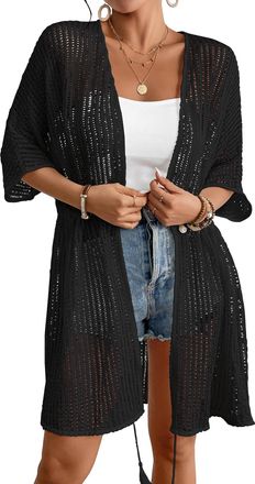 Bsubseach Crochet Kimonos f&uuml;r Frauen Mesh Sexy Badeanzug Cover Ups Open Front Beach Sommer Outwear Schwarz