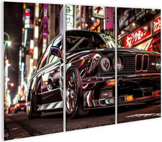 Islandburner Bild auf Leinwand Klassischer BMW in nächtlicher Stadt Japan für Wohnzimmer Autofans Autoshowroom Bilder Wandbilder Poster