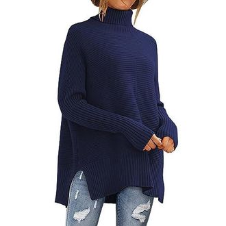 Generic Pull &agrave; col b&eacute;nitier pour femme - Pull long pour femme - Couleur unie - Col roul&eacute; - Manches longues - Tricot confortable, bleu marine, L