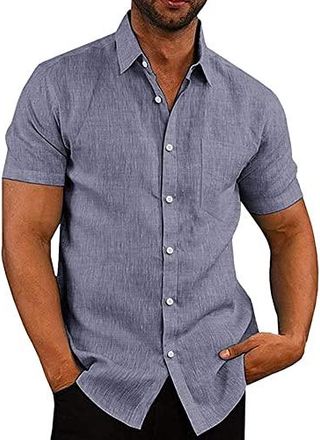 Coofandy Chemise en Lin pour Hommes à Manches Courtes Légère Chemise dÉté Chemisier Décontractée avec Poche de Poitrine Chemisier de Plage Bleu XXL