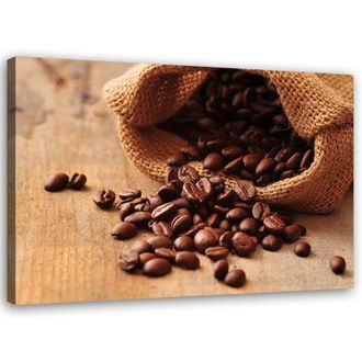 Feeby Vlies Leinwandbild XXL Stofftasche Holztisch Kaffeebohnen 120x80 cm Wandbild Kunst Bilder Schlafzimmer Deko Wohnzimmer Sack Koffein Energie Getr&auml;nk Br