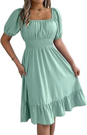 Generic Robe d&eacute;t&eacute; d&eacute;contract&eacute;e &agrave; manches bouffantes avec col carr&eacute;, manches courtes, taille ajust&eacute;e, ourlet &agrave; volants, robe d&eacute;t&eacute; midi trap&egrave;ze, Vert-2, XL