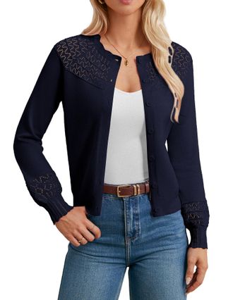 Grace Karin Dunkelblaue Strickjacken für Damen Gestrickt Cardigan Runhals Vintage Pullover Leichte Strickpullover Bolero Strick Cardigans XL