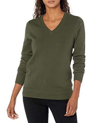 Amazon Essentials Pull 100% Coton à Manches Longues et col en V pour Femme, Olive, Taille XXL