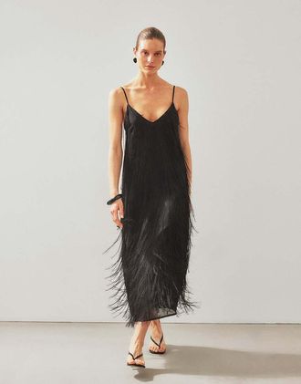NA-KD Robe longue &agrave; franges - Noir