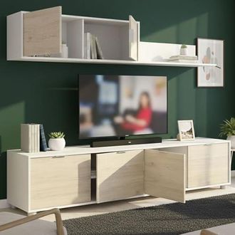 Dmora Wohnzimmerm&ouml;bel Galliner, Modulares Wohnzimmerset, Mehrzweck-Wohnzimmerm&ouml;bel, Moderner TV-Schrank, 200x40 h43 cm, Wei&szlig; und Eiche