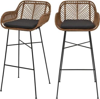 DRAWER Lot de 2 tabourets de bar en rotin H76cm - Bois fonc&eacute; - Nunuhai