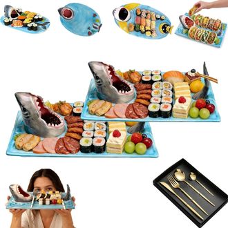 Generic Hai-Charcuterie-Brett, 3-in-1-Hai-Sushi-Teller Mit Dip-Sauce-Schale, Lustiger Handgefertigter Keramik-Hai-Taco-Halter, Hitzebest&auml;ndig Bis 1300 &deg;C, Mik