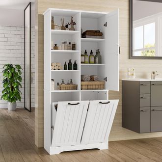Generic Badezimmerschrank Wei&szlig; Lackiert 172 cm Hochschrank mit 2 W&auml;schek&ouml;rben Badm&ouml;bel Stehend MDF W&auml;schesammler mit Offenen F&auml;chern & T&uuml;r Viel Stauraum f&uuml;r B