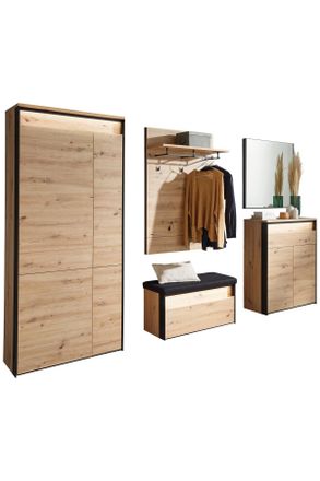 Voleo Garderobe Edra, Schwarz, Eiche Artisan, Glas, Holzwerkstoff, 5-teilig, 266x200x38 cm, Garderobe, Garderoben-Sets & Serien, Garderoben-Sets