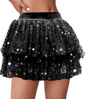 Generic Jupe en mousseline de soie pour femme - Couleur unie - Mini jupe de danse &agrave; bulles - Jupe courte - Jupe de lit double avec pompons, Noir, Taille uniqu