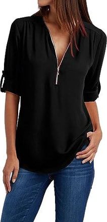 Generic Tee Shirt Femme Grandes Tailles- Haut Femme Zipp&eacute;,Tunique &Agrave; Manches Courtes Sexy Col en V Top L&acirc;che Couleurs Unies Blouses D&eacute;contract&eacute;es Respirant Con