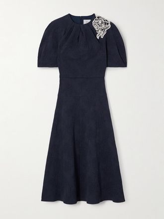 Erdem Robe Midi En Cloqu&eacute; De Coton M&eacute;lang&eacute; &Agrave; Appliqu&eacute; - Bleu