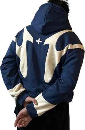 ORANDESIGNE Homme Imprim&eacute; Full Zip Up Sweat &agrave; Capuche Vintage Hip HopVeste &agrave; Capuche Y2K Harajuku Unisex Oversize Streetwear Sweatshirt A Bleu Fonc&eacute; XXL