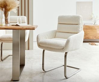 DELIFE Freischwinger Abelia-Flex mit Armlehnen Bouclé Weiß Freischwinger flach Edelstahl, Esszimmerstühle