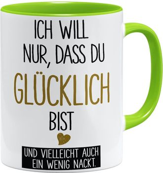 OM3 Liebes Tasse mit Spruch - ich Will nur DASS du glücklich bist - Keramik Becher - 11oz 325ml - Beidseitig Bedruckt - Hellblau