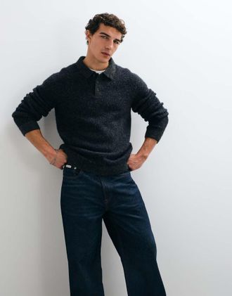 Jack & Jones geripptes Strick-Poloshirt in Grau