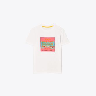 Tory Burch Damen T-Shirt mit grafischem Logoaufn&auml;her