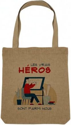 Fabulous Sac Shopping Tote Bag Aspect Lin - Architecte Les Vrais H&eacute;ros Maison M&eacute;tier - Sac de Courses Toile Epaisse 360g Beige Naturel Cabas Port&eacute; Epaule Solid