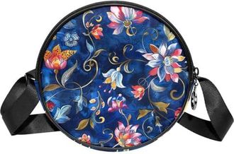 Generic Petit sac &agrave; bandouli&egrave;re rond pour femme, style ethnique, boh&egrave;me, floral, avec fermeture &eacute;clair, bretelles r&eacute;glables, sac &agrave; main rond d&eacute;contract&eacute; pour 