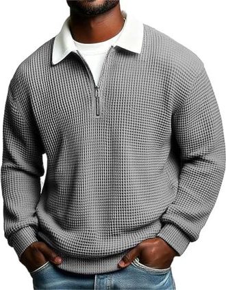 Generic Pull d&eacute;contract&eacute; ample &agrave; col gaufr&eacute; pour homme avec fermeture &eacute;clair quart de long, haut athl&eacute;tique surdimensionn&eacute;, gris, 3XL