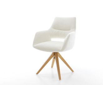 DELIFE Drehstuhl Yago-Flex mit Armlehnen Boucl&eacute; Soft Beige Holzgestell kantig Natur 360&deg; drehbar Taschenfederkern, Esszimmerst&uuml;hle