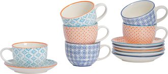 Nicola Spring Handgedrucktes Cappuccino Cup & Saucer -Set - 250ml - 3 Farben - 12pc