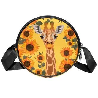 Generic Sac &agrave; bandouli&egrave;re rond pour femme, girafes et tournesol, petit sac &agrave; bandouli&egrave;re avec fermeture &eacute;clair, bretelles r&eacute;glables, sac &agrave; main rond d&eacute;contrac