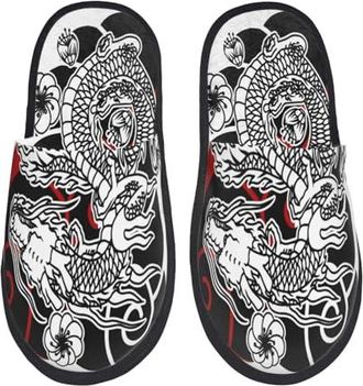 Generic Pantoufles Tatouage De Dragon Japonais Peluche Fourrure Pantoufles Unisexe Maison Slippers Pour Voyage H&ocirc;tel Automne M